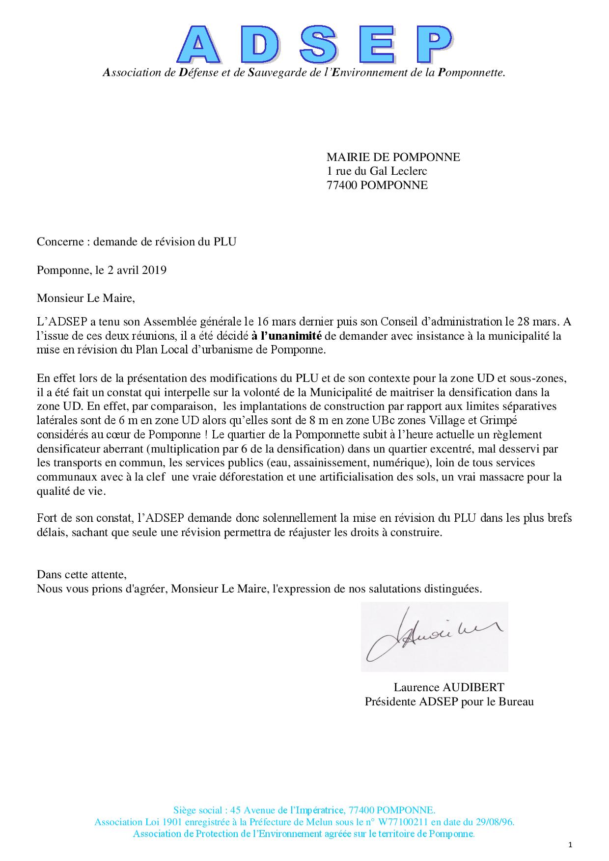 ADSEP – DEMANDE DE REVISION DU PLU 2019